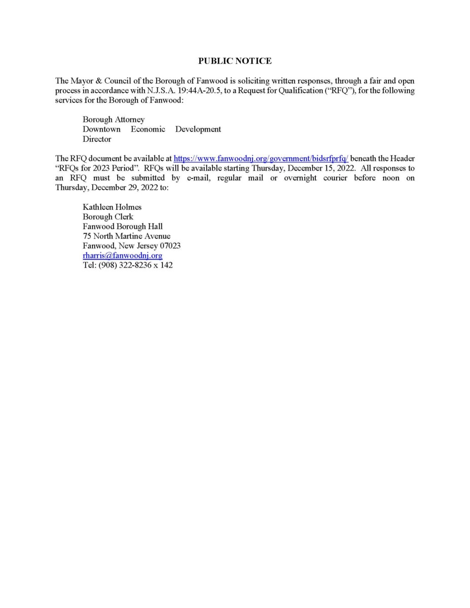 2023 RFQ - Borough Attorney & Downtown Economic Development Director - Borough of Fanwood